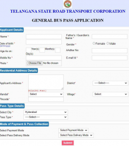 TSRTC Bus Pass Application Form, login 2025